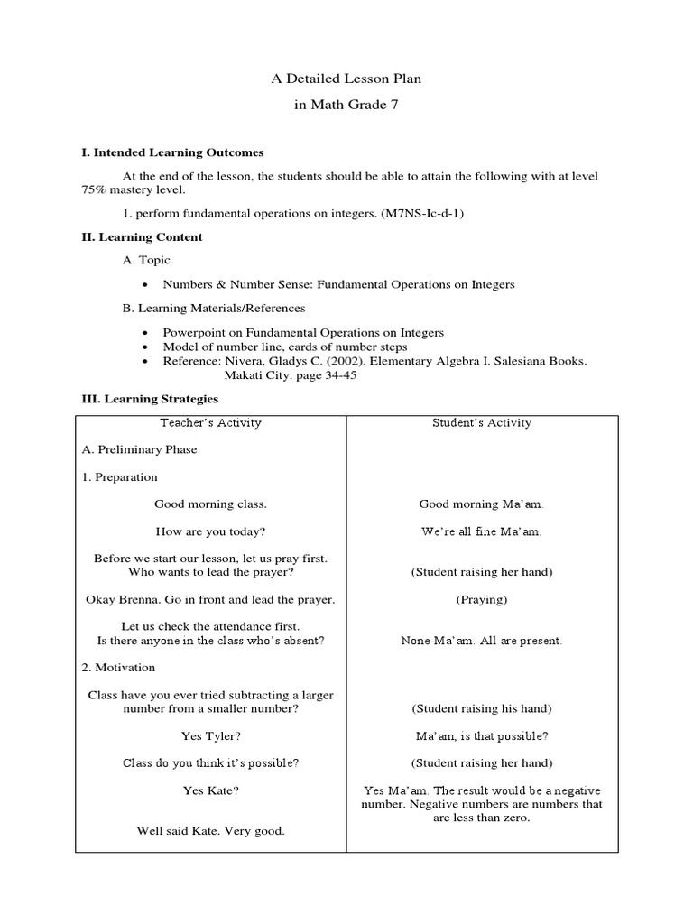A Detailed Lesson Plan-Math 7 | Download Free PDF | Subtraction ...