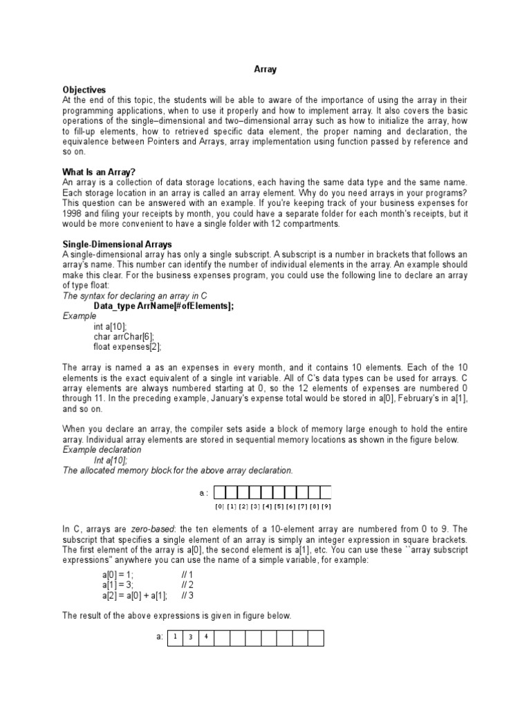 Array Objectives The Syntax For Declaring An Array In C Example Pdf Array Data Structure