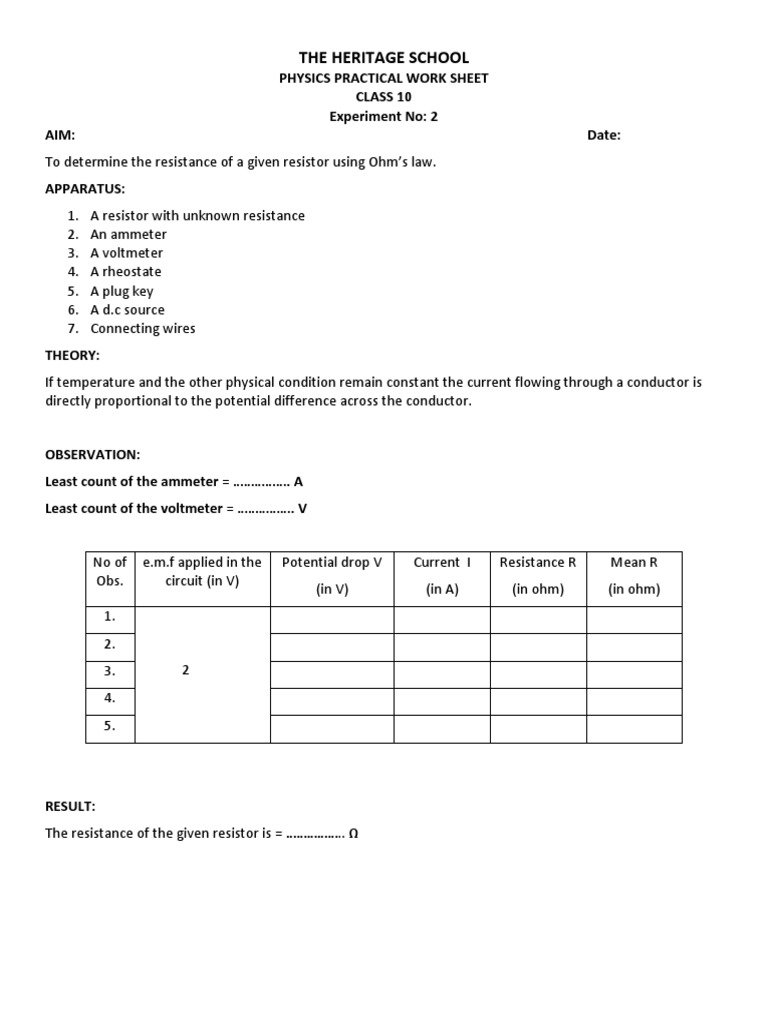 The Heritage School: Physics Practical Work Sheet Class 10 Experiment ...