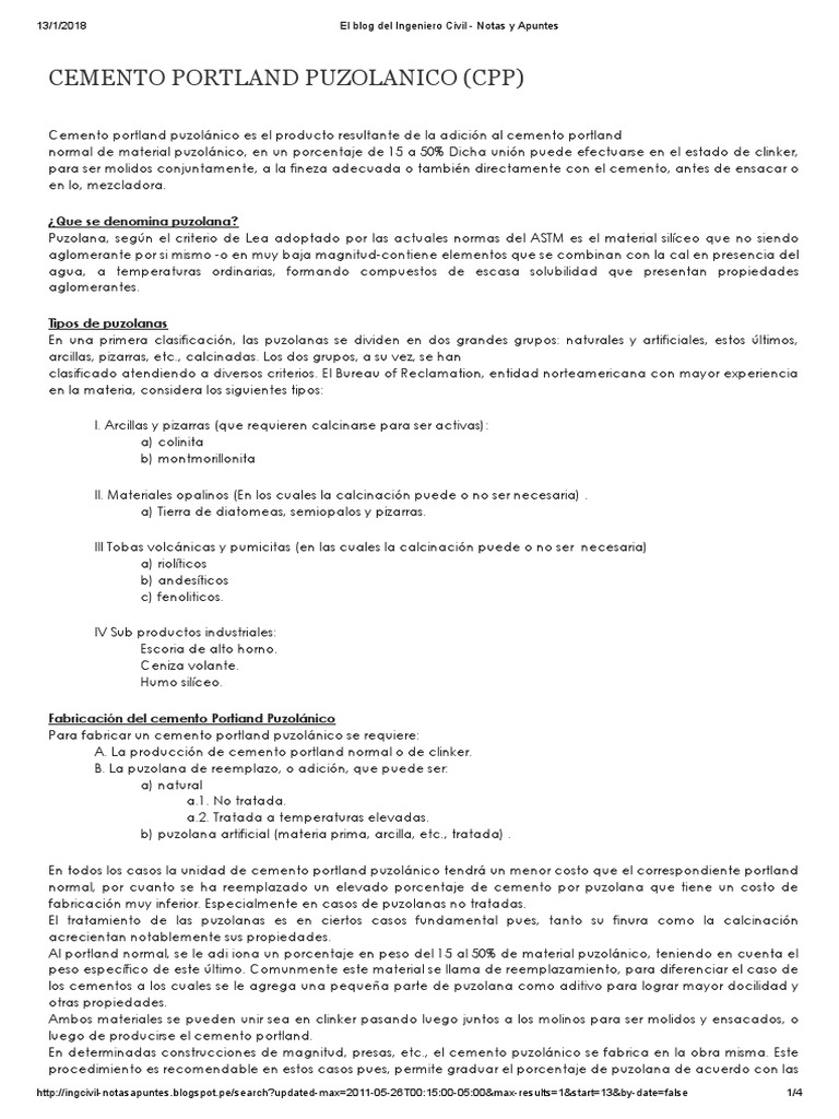 Cemento Portland Puzolanico | PDF | Cemento | Hormigón