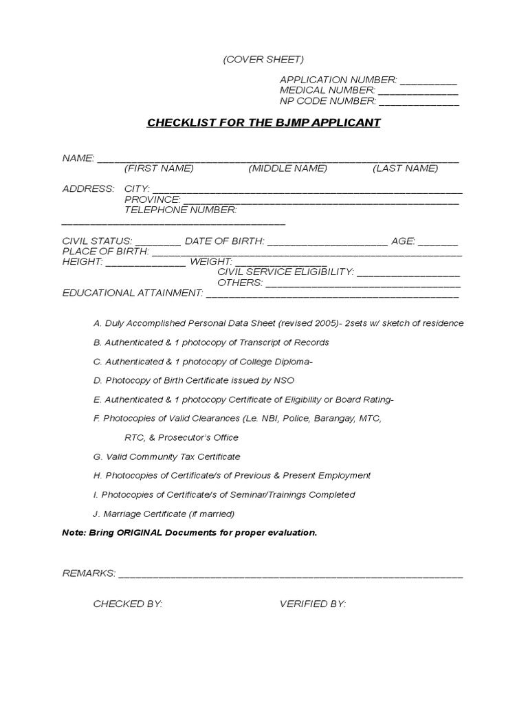 Checklist For BJMP Applicant | PDF