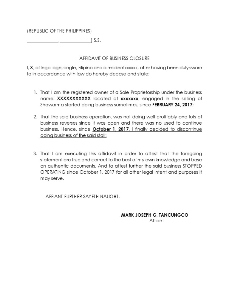 Affidavit of Business Closure SC | PDF