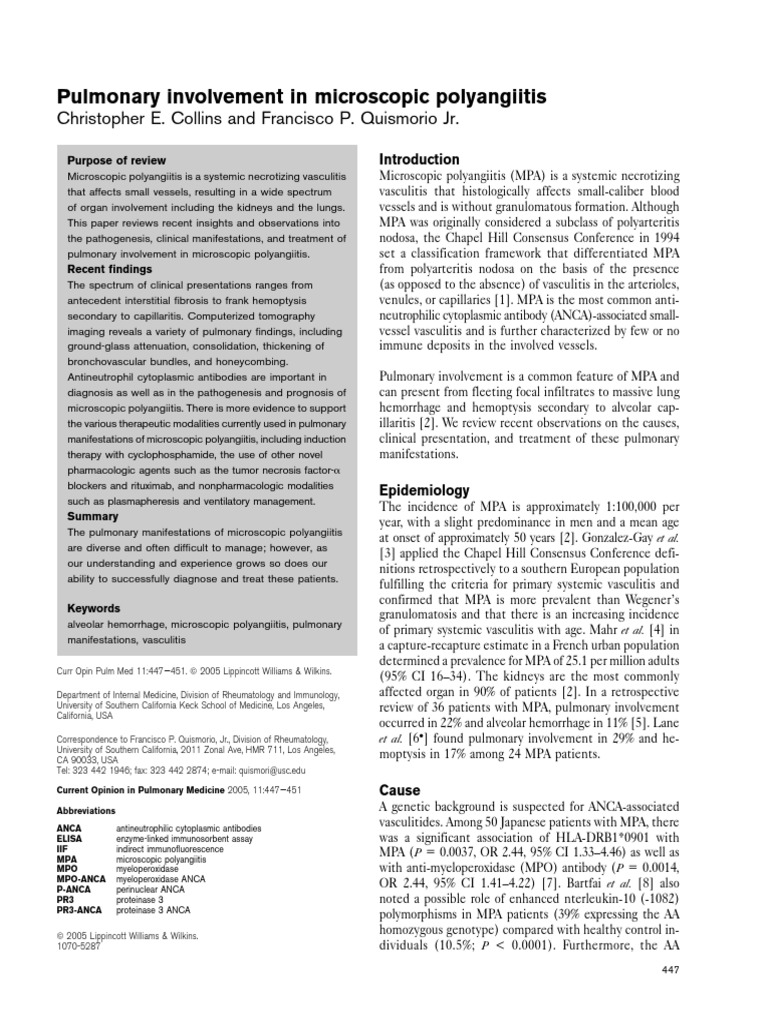 Pulmonary Involvement in Microscopic Polyangiitis | PDF | Immunology ...