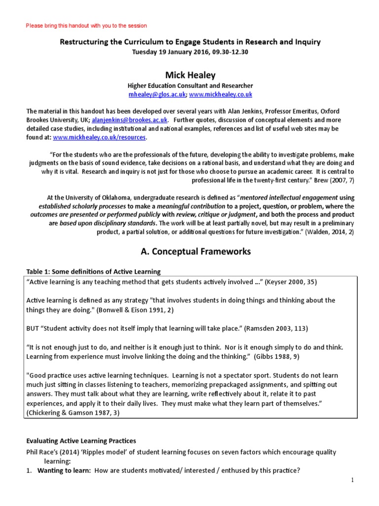 Handout For Mick Healey Masterclass | PDF | Inquiry Based Learning ...