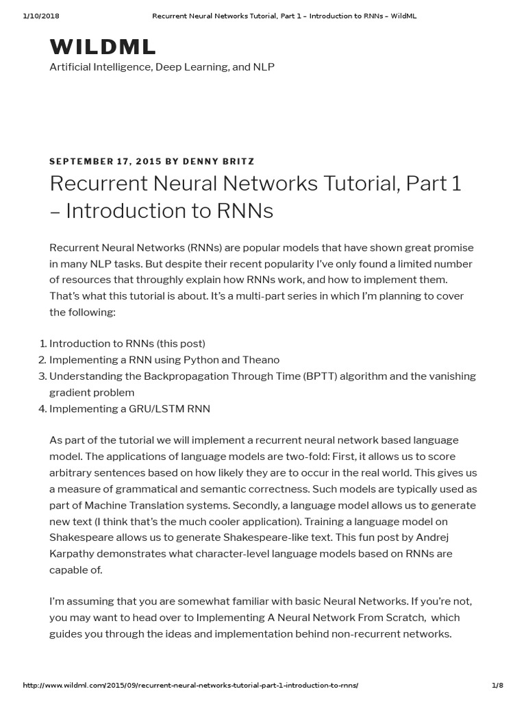 Recurrent Neural Networks Tutorial, Part 1 - Introduction To RNNs - WildML | PDF | Artificial ...