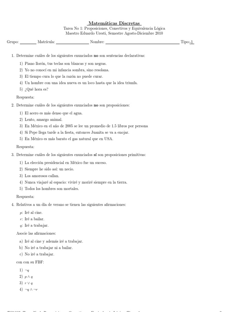 tc1003 Hw1a | PDF | Proposición | Expresiones lógicas