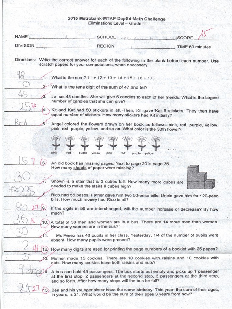 2015 Metrobank-MTAP-DepEd Math Challenge Elimination Grade 1 PDF | PDF
