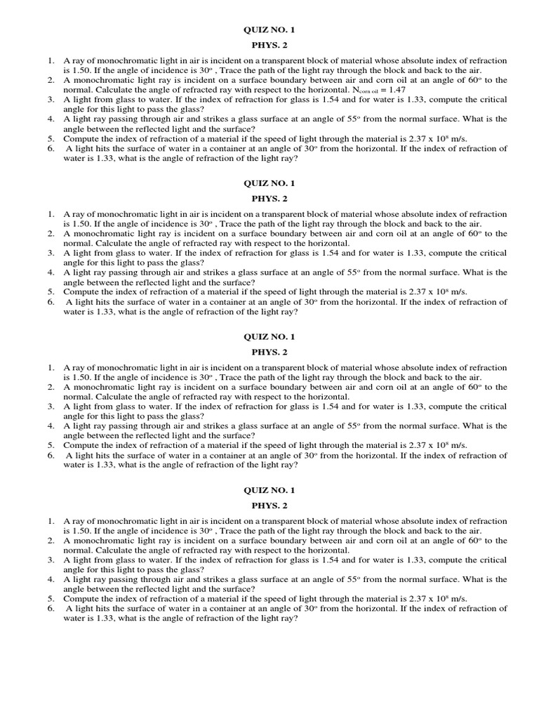 Quiz No. 1 | PDF | Refraction | Refractive Index