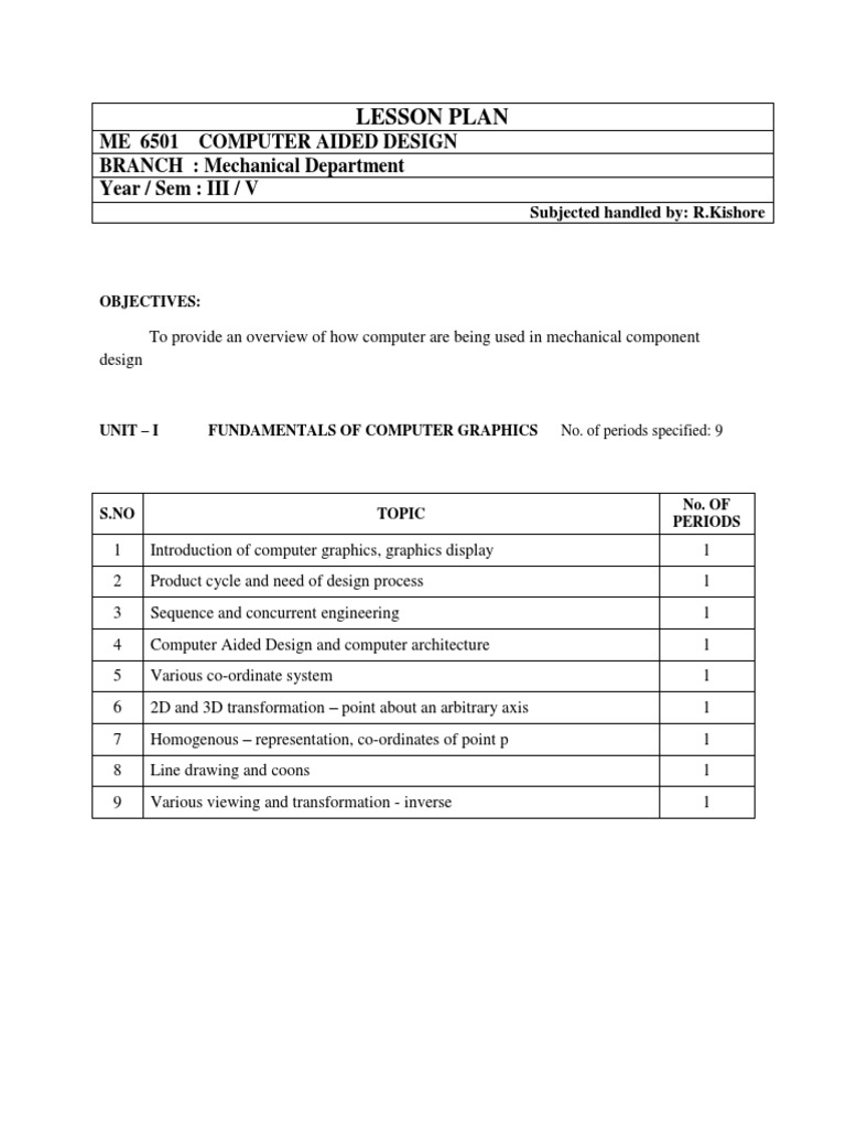 CAD Lesson Plan Overview | PDF | Computer Aided Design | Computer Graphics