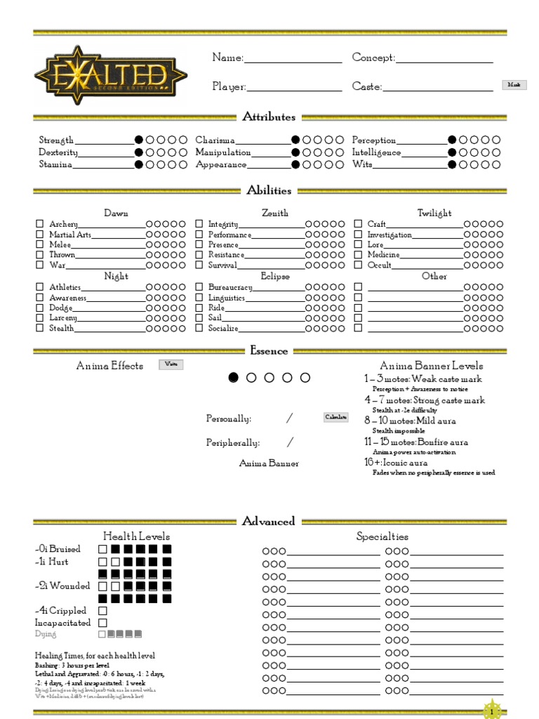 Exalted Character Sheet | Sports | Leisure