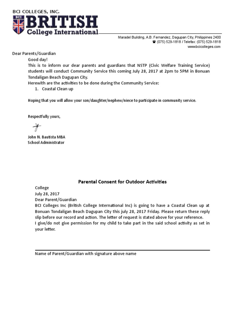 NSTP Parental Consent for Beach Cleanup | PDF