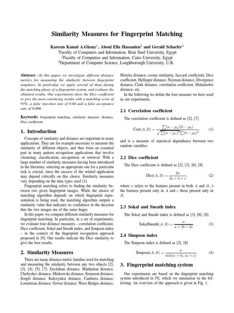 Similarity Measures For Fingerprint Matching PDF Fingerprint Distance