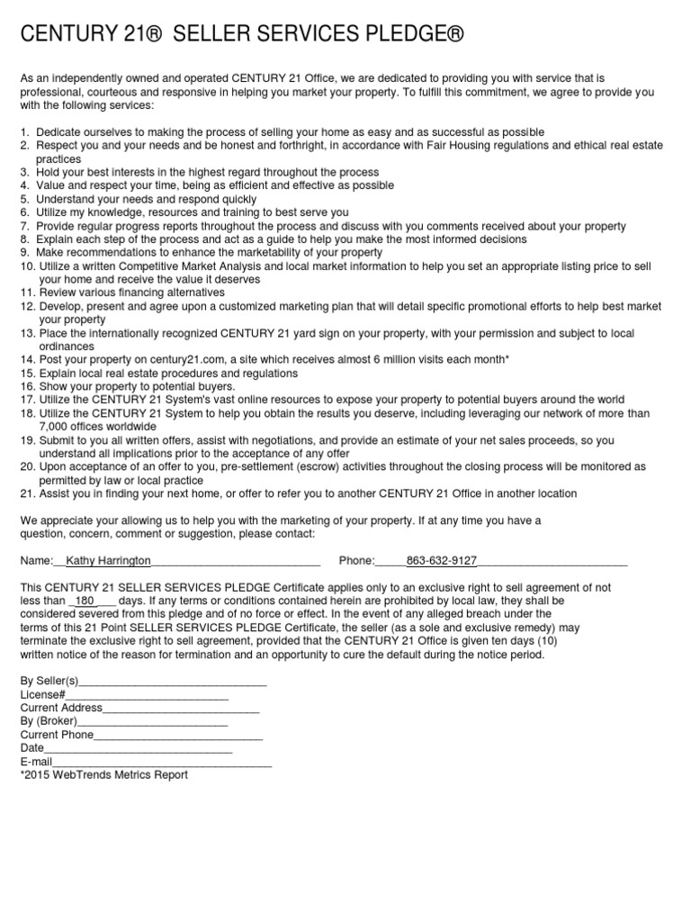Century 21 Seller Service Pledge | PDF | Sales | Market (Economics)