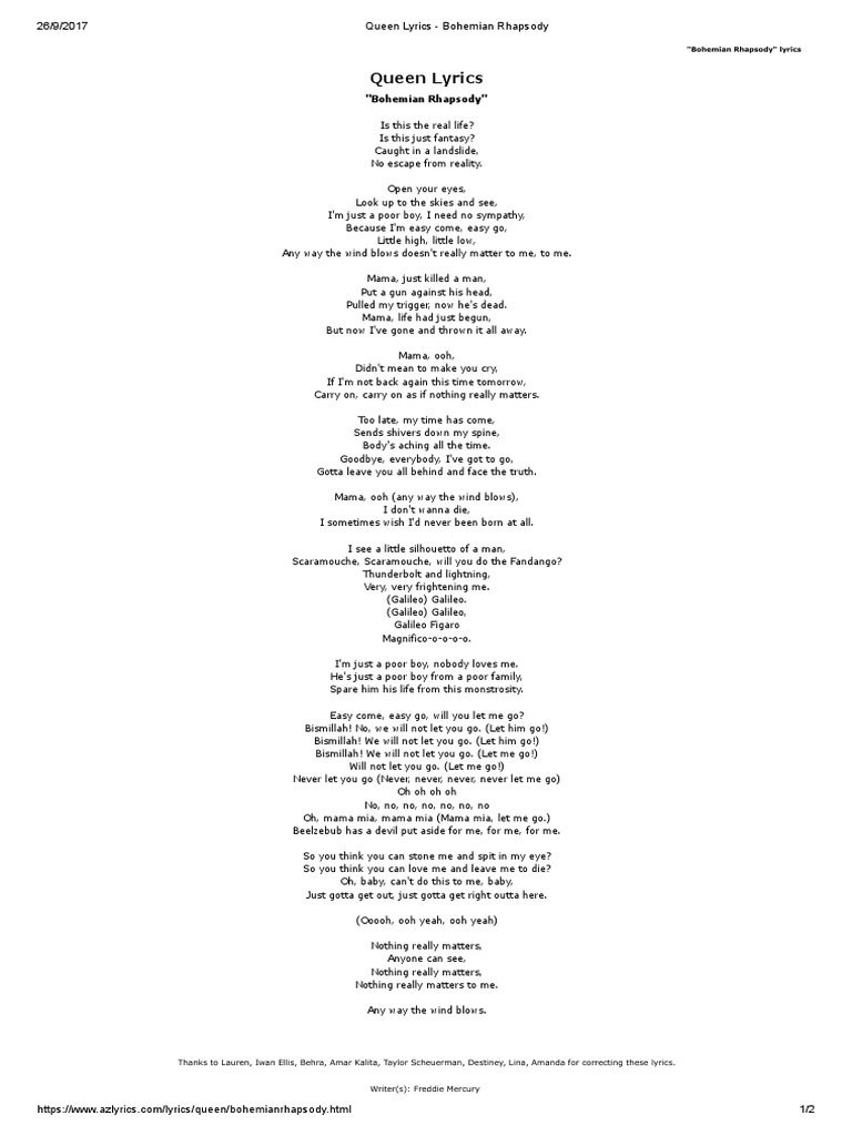 Queen - Bohemian Rhapsody Lyrics | PDF