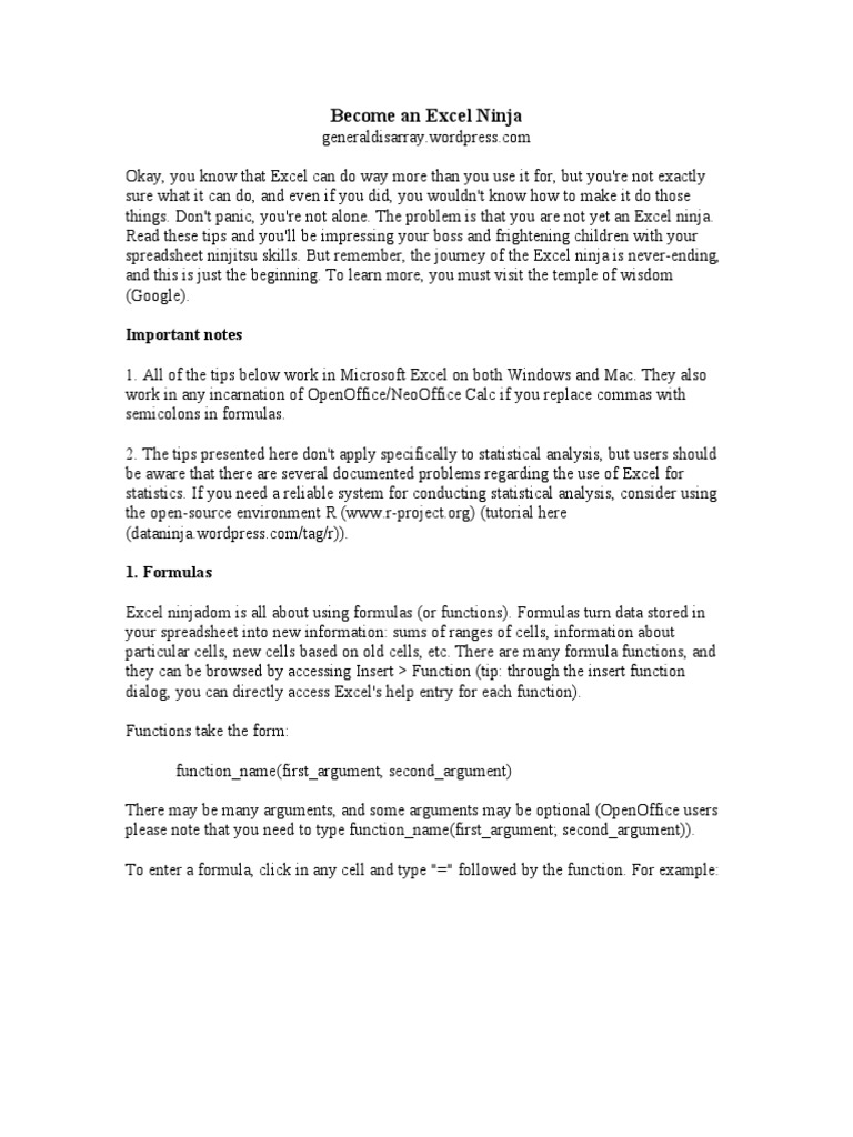 Become An Excel Ninja: Important Notes | PDF | Formula | Microsoft Excel