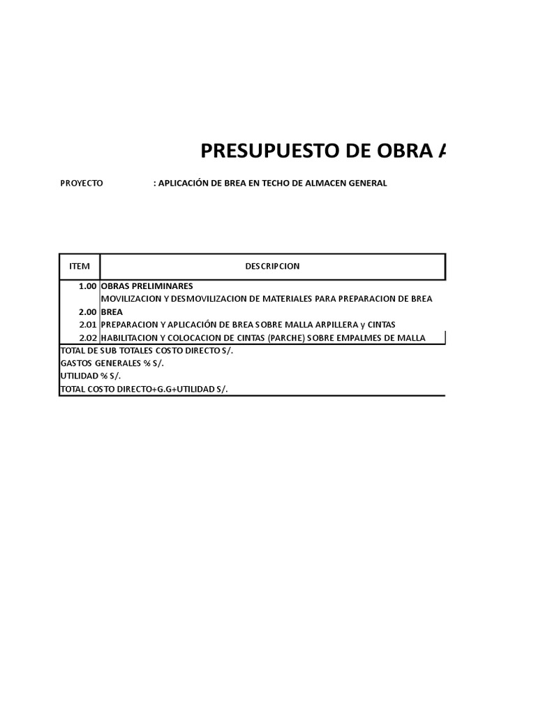 Presupuesto Aplicación de Brea en Techo | PDF | Tecnología