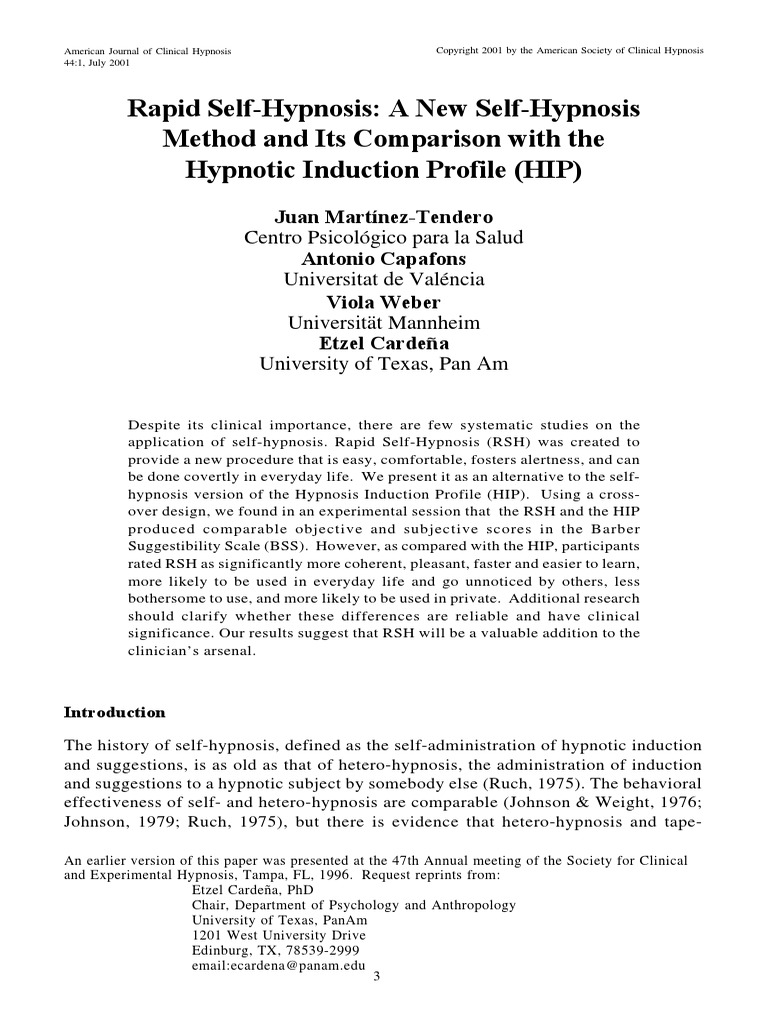 Rapid Self-Hypnosis: A New Self-Hypnosis Method and Its Comparison With ...