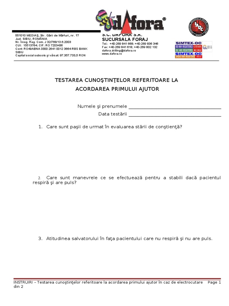 Test Acordare Prim Ajutor PDF | PDF