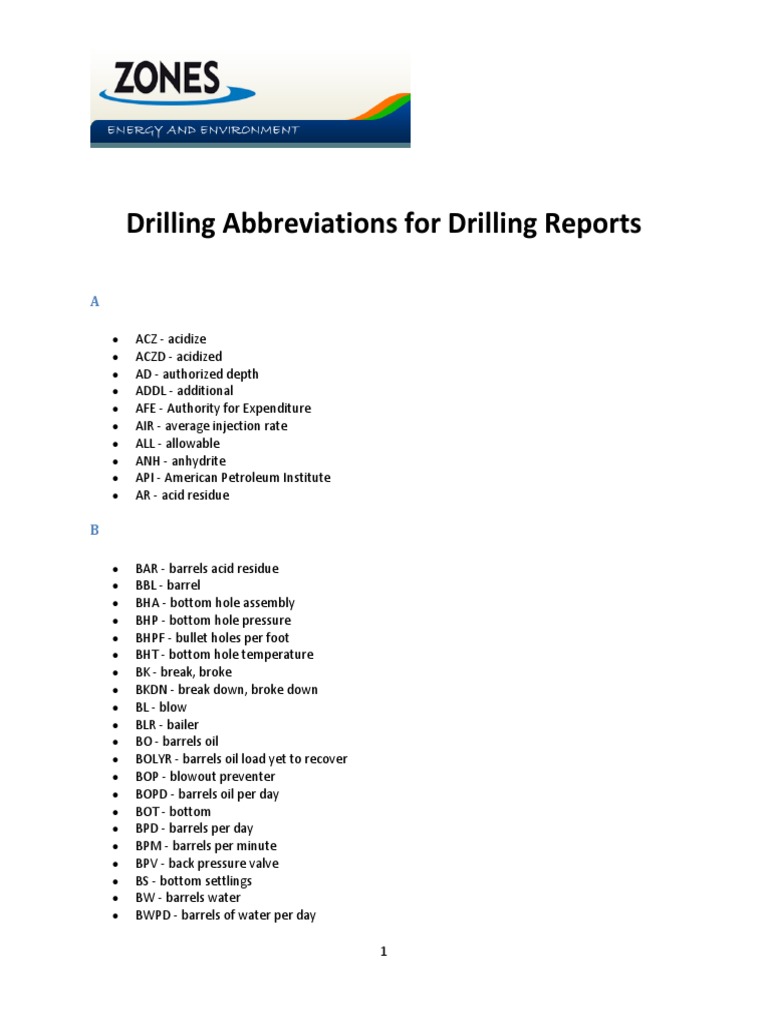 Drilling Abbreviations For Reporting | PDF | Barrel (Unit) | Oil Well