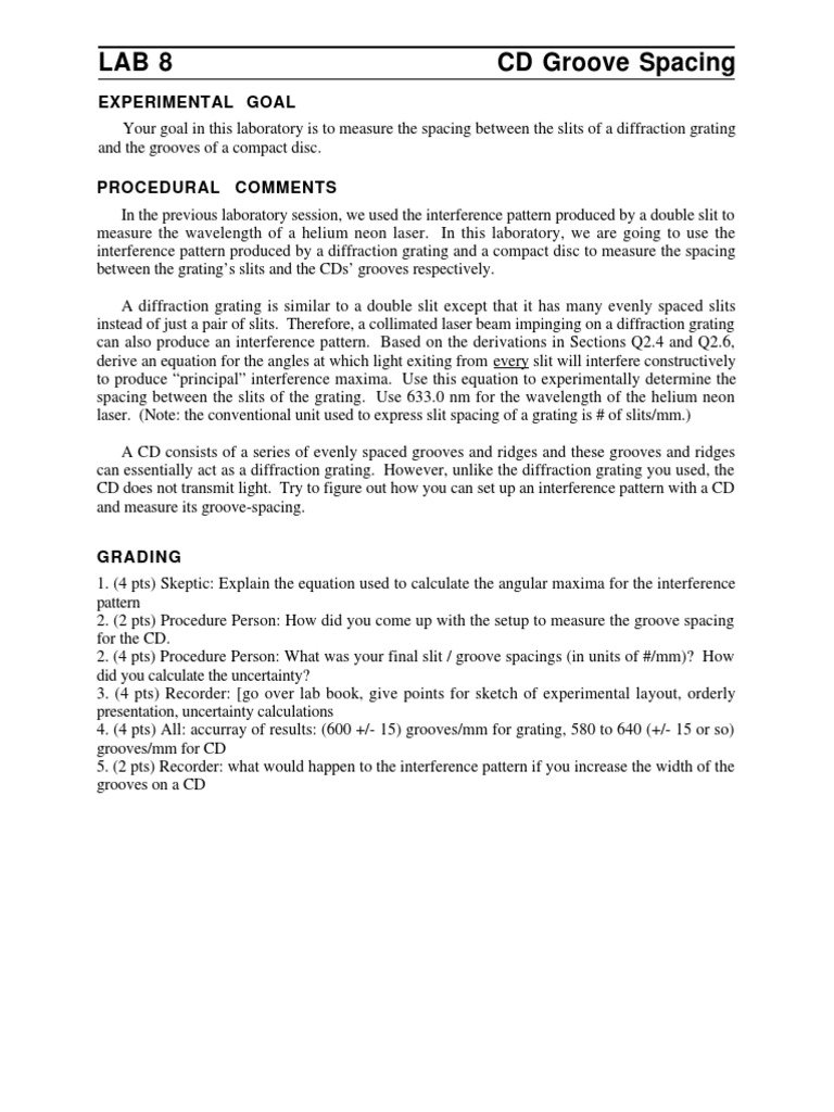 LAB 8 CD Groove Spacing: Experimental Goal | PDF | Diffraction ...