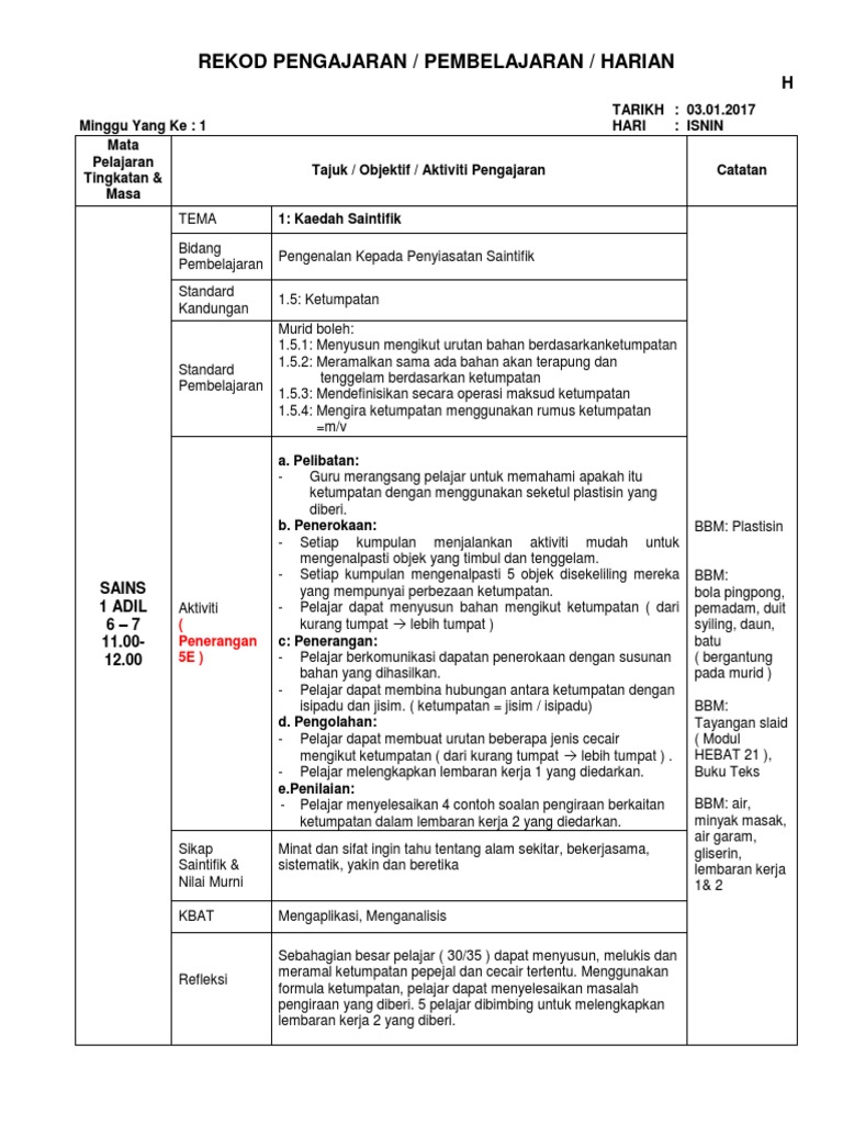 Contoh RPH Sains f1 2017 | PDF