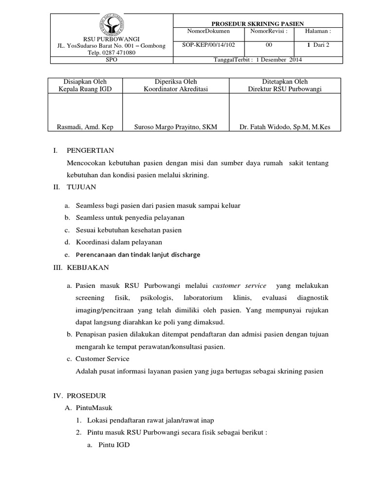 Sop Skrining Pasien | PDF | Pengembangan Diri | Kesehatan Holistik
