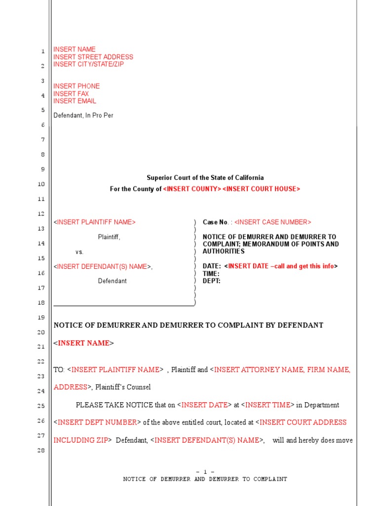 Demurrer To Unlawful Detainer Complaint For California SAMPLE | PDF ...