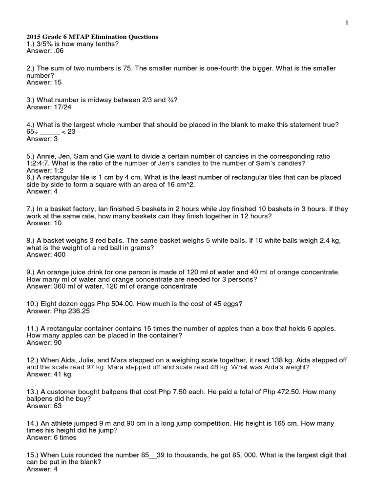 Grade 6 MTAP Reviewer with Answers | PDF | Elementary Mathematics ...