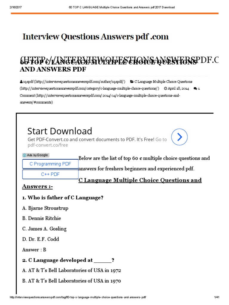60 TOP C LANGUAGE Multiple Choice Questions and Answers PDF 2017 Download | PDF | C (Programming ...