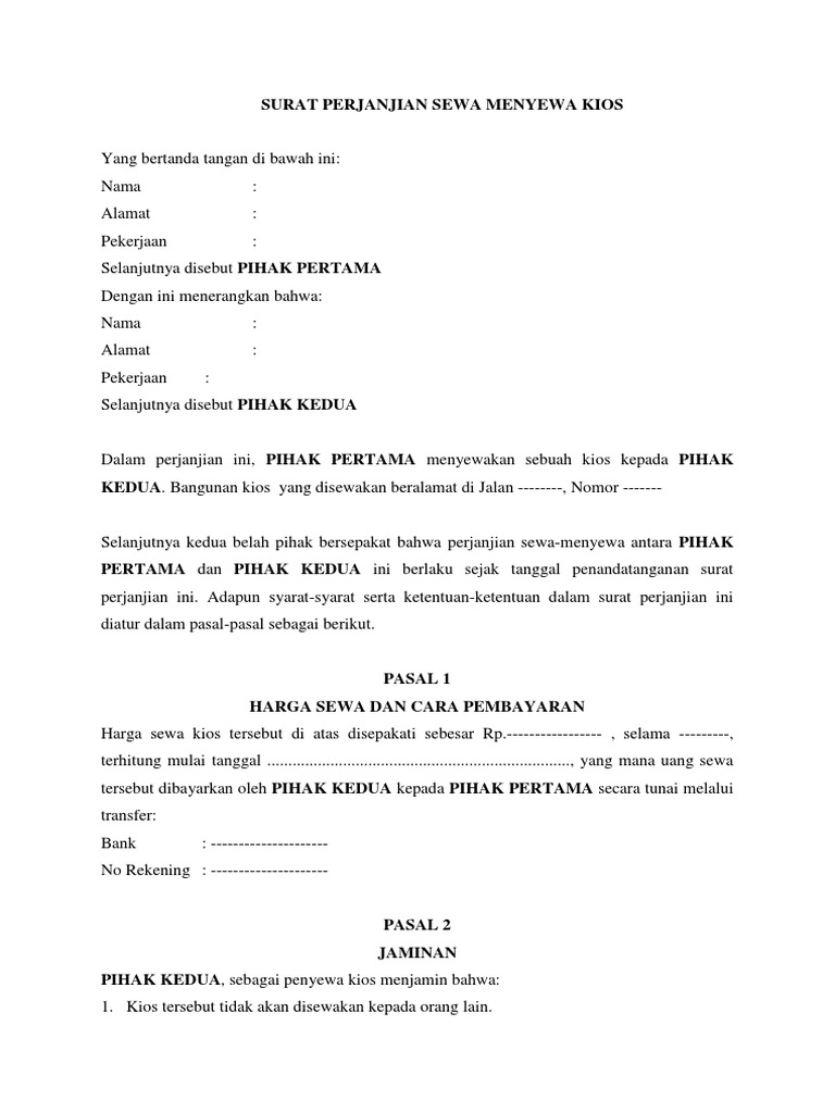 Surat Perjanjian Sewa Menyewa Kios