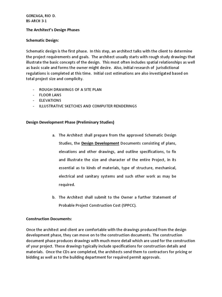 The Architect's Design Phases Schematic Design:: Gonzaga, Rio D. BS ...