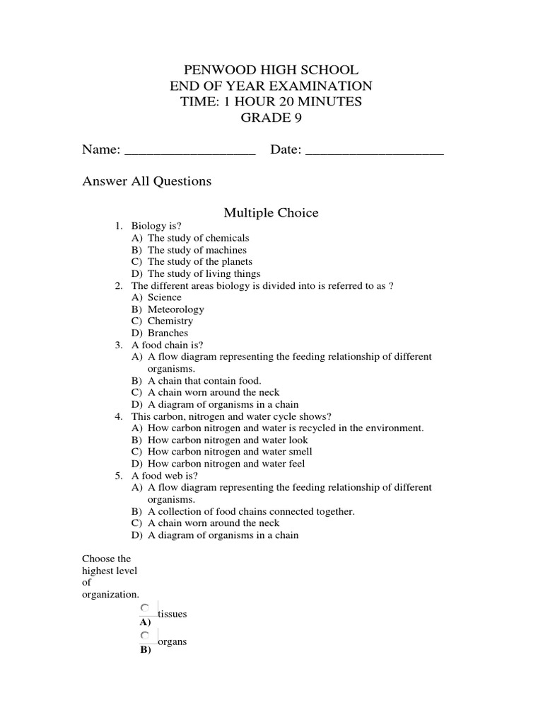 Penwood High School End of Year Examination Time: 1 Hour 20 Minutes ...
