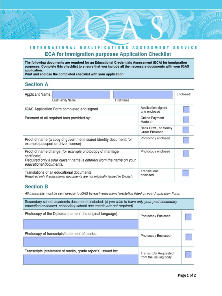 Educational Credentials Assessment Application Checklist: A ...