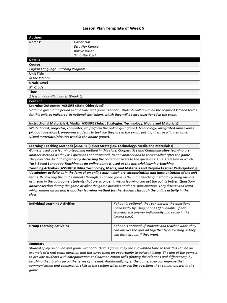 Lesson Plan Template Week 5 t3 | PDF | Educational Assessment | Lesson Plan