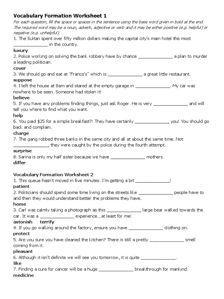 Vocabulary Formation Worksheet 1 and 2 | PDF | Morphology | Rules