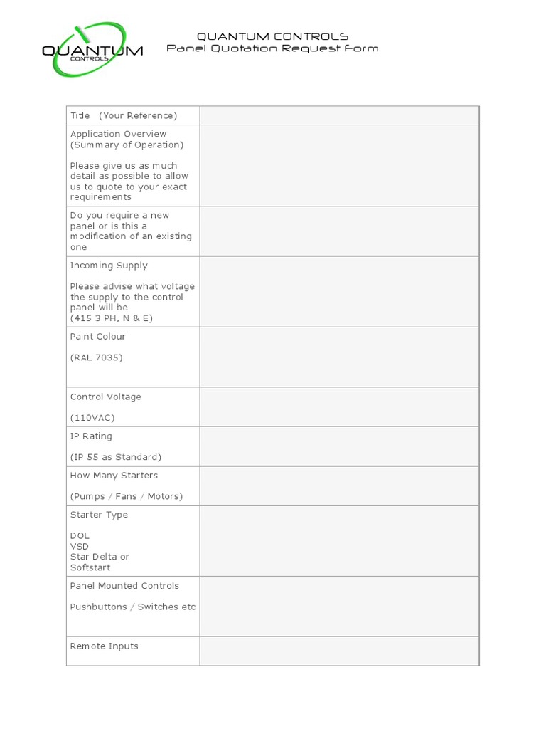 Quantum Controls Panel Quotation Request Form | PDF