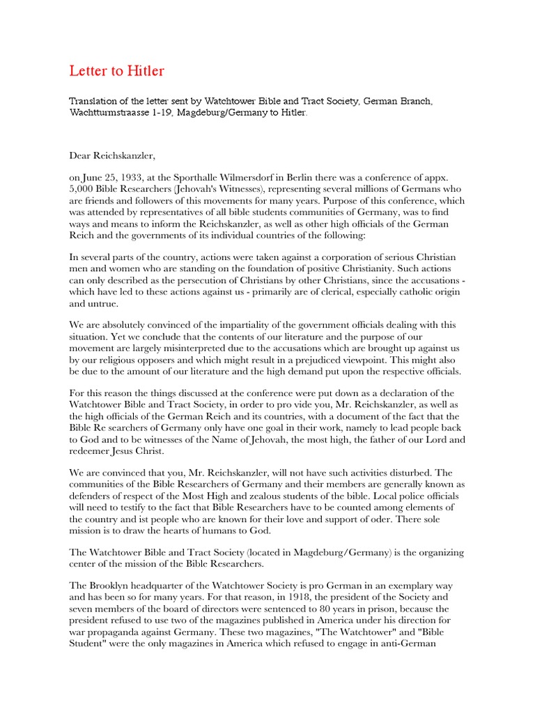 Letter To Hitler by JF Rutherford | PDF | Nazi Germany | Defamation