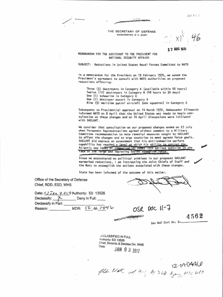 Memo - Reductions in United States Naval Forces Committed To NATO | PDF ...