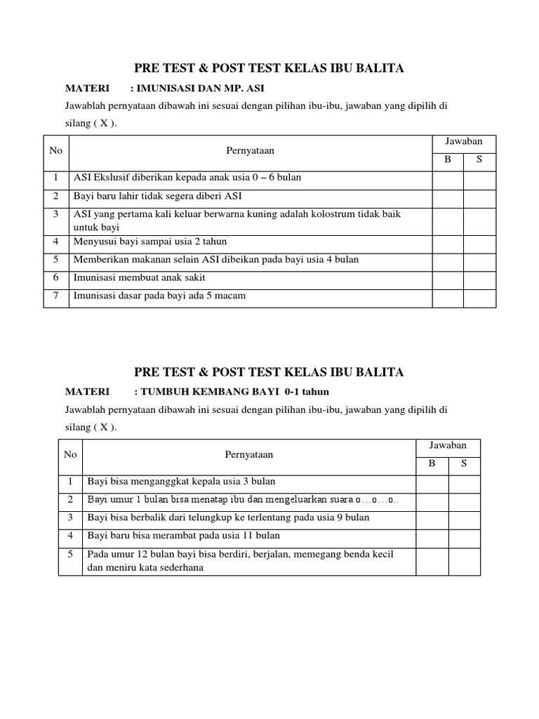 Pre Test & Post Test Kelas Ibu Balita | PDF
