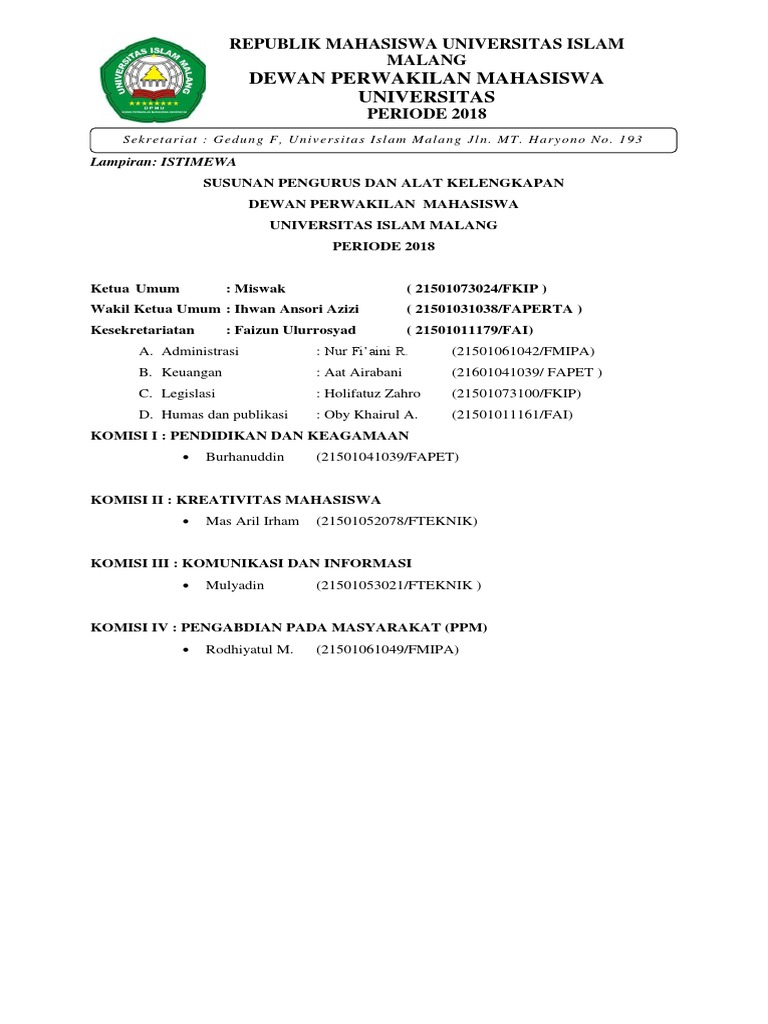 Susunan Pengurus Dan Alat Kelengkapan Dpmu 2017 | PDF
