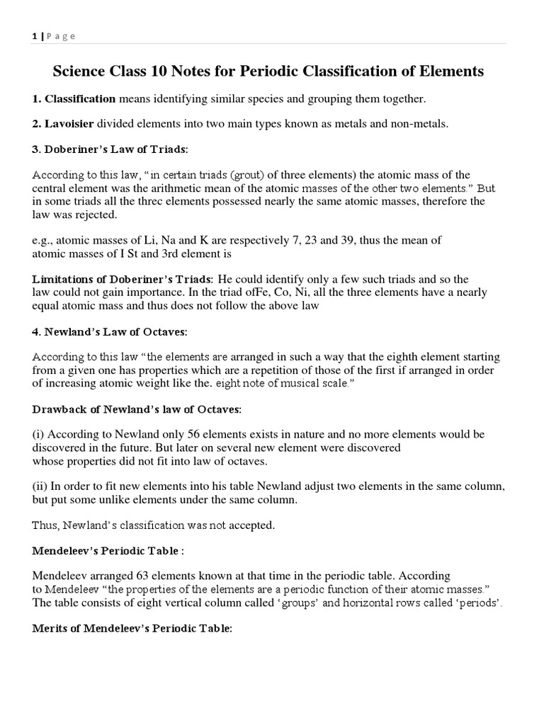 Class 10 Periodic Classification Notes | PDF | Periodic Table ...
