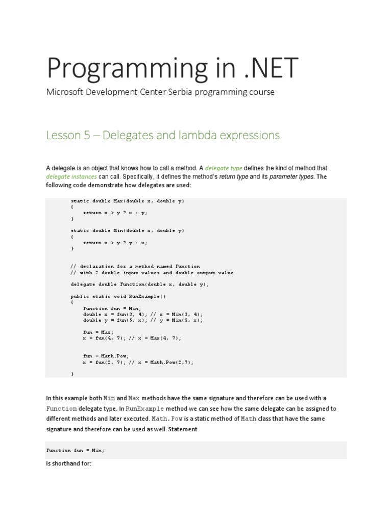 Lesson 5 - Delegates and Lambda Expressions: Microsoft Development ...