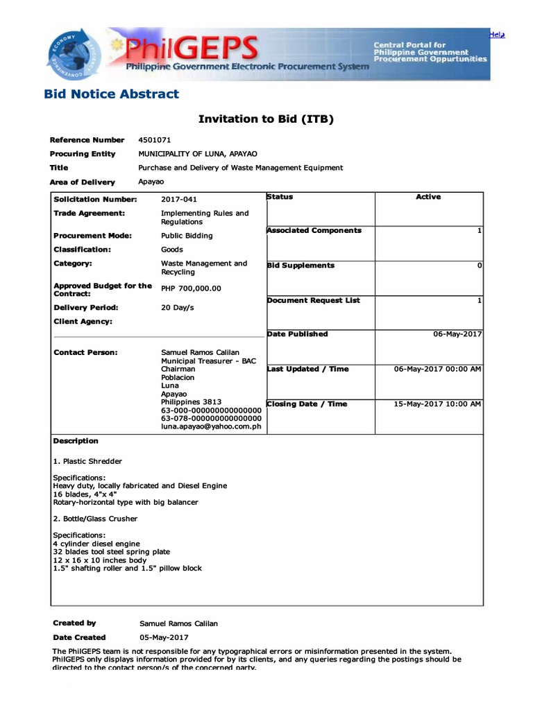 Bid Notice Abstract: Invitation To Bid (1TB) | PDF | Waste | Business