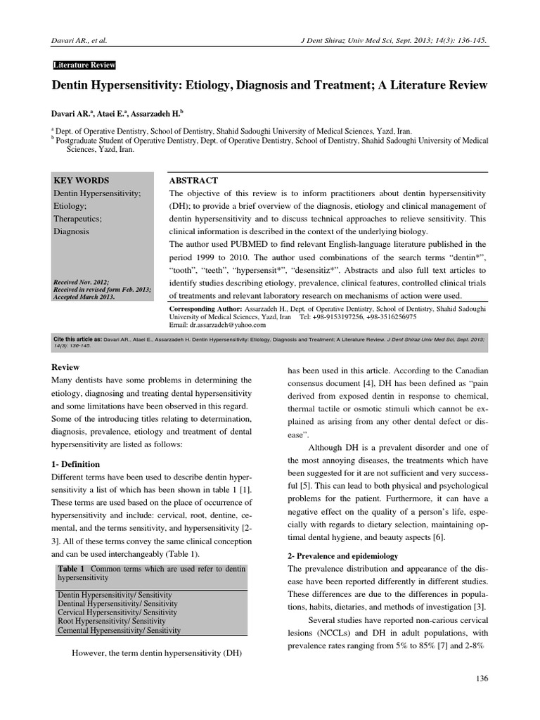 Dentin Hypersensitivity - Etiology, Diagnosis and Treatment A ...