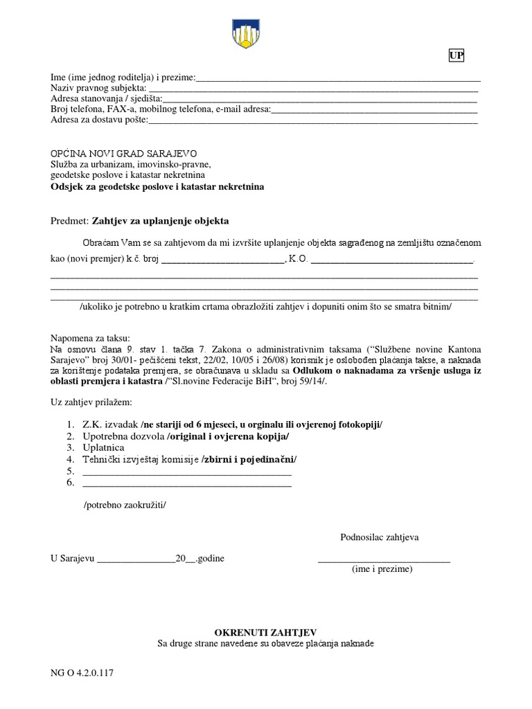 Zahtjev Za Uplanjenje Objekta UP | PDF