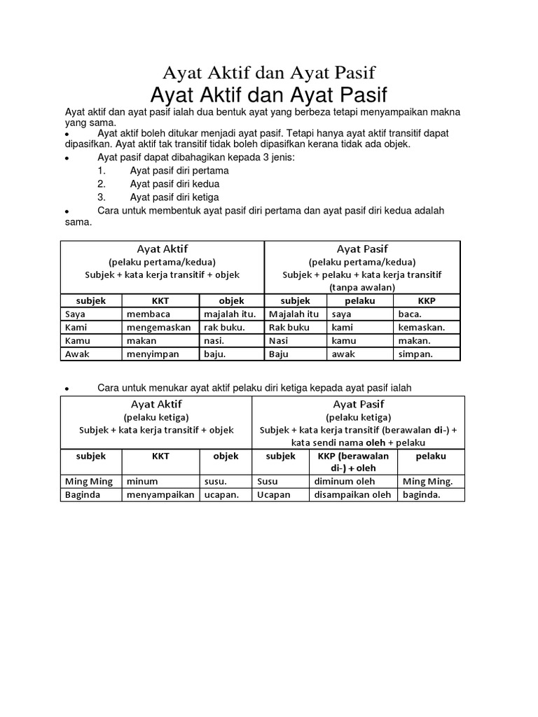 Ayat Aktif Dan Ayat Pasif Nota | PDF