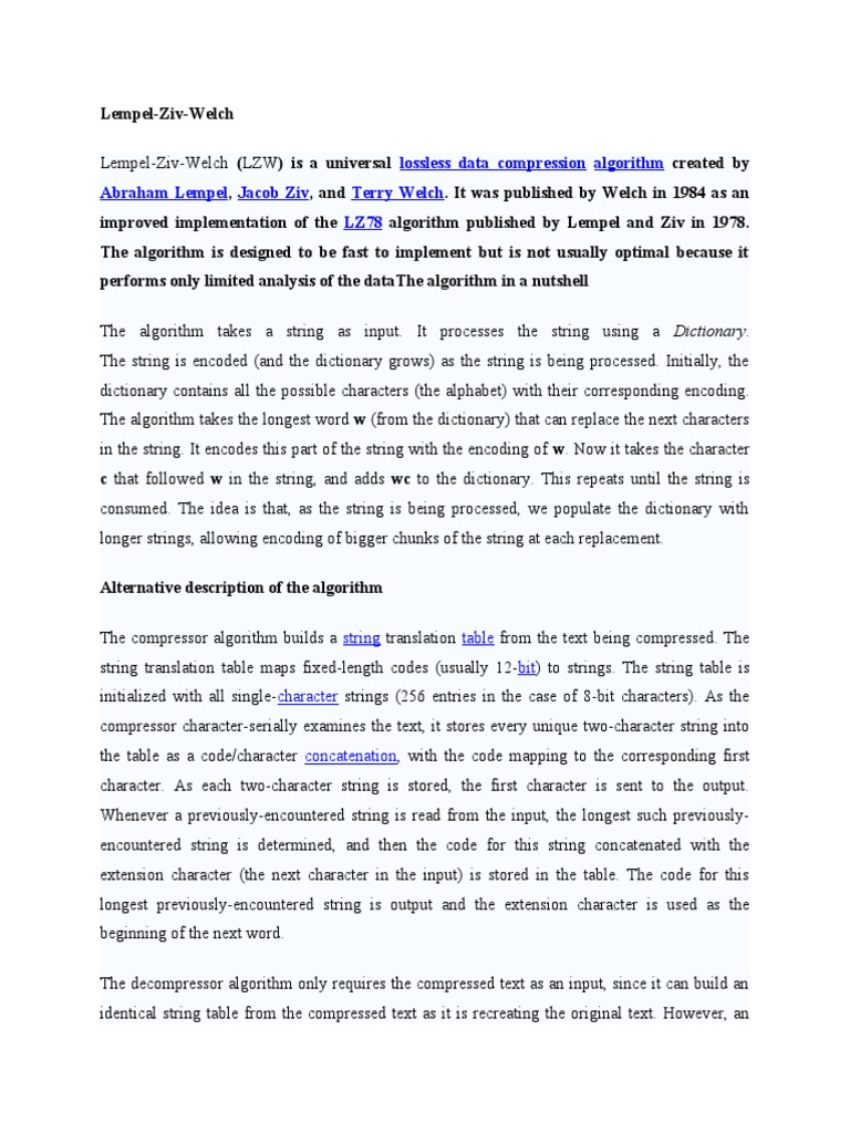 Lossless Data Compression Algorithm Abraham Lempel Jacob Ziv Terry Welch Lz78 Pdf Encodings