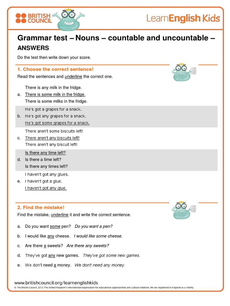 Grammar Practice Nouns Countable and Uncountable Answers PDF | PDF