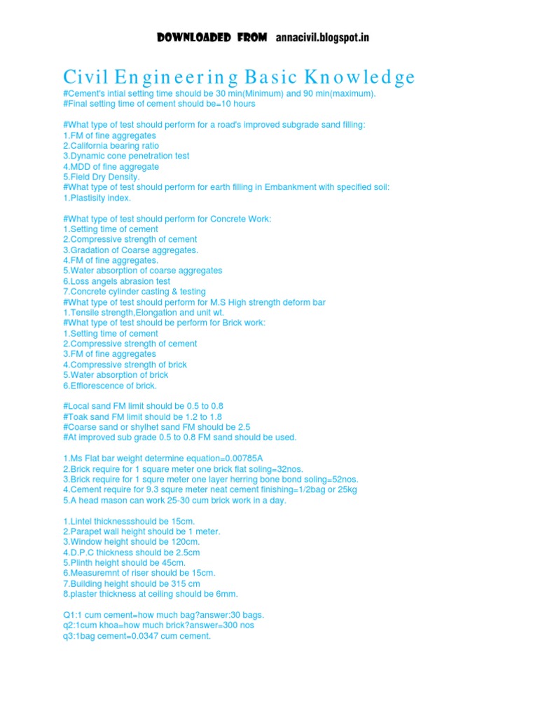 Civil Engg Basic Knowledge PDF | PDF | Brick | Concrete