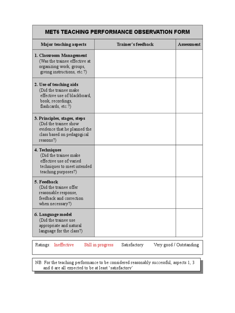 Met6 Teaching Performance Observation Form | PDF | Classroom Management ...